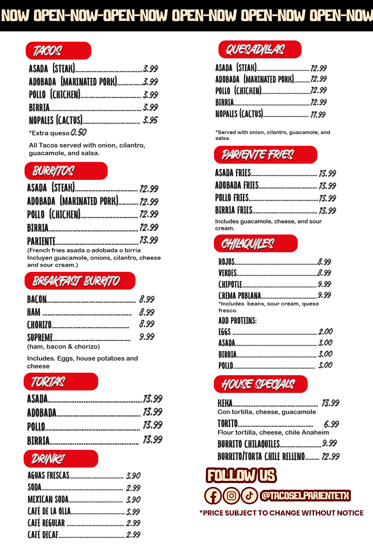 Menu – tacos el pariente